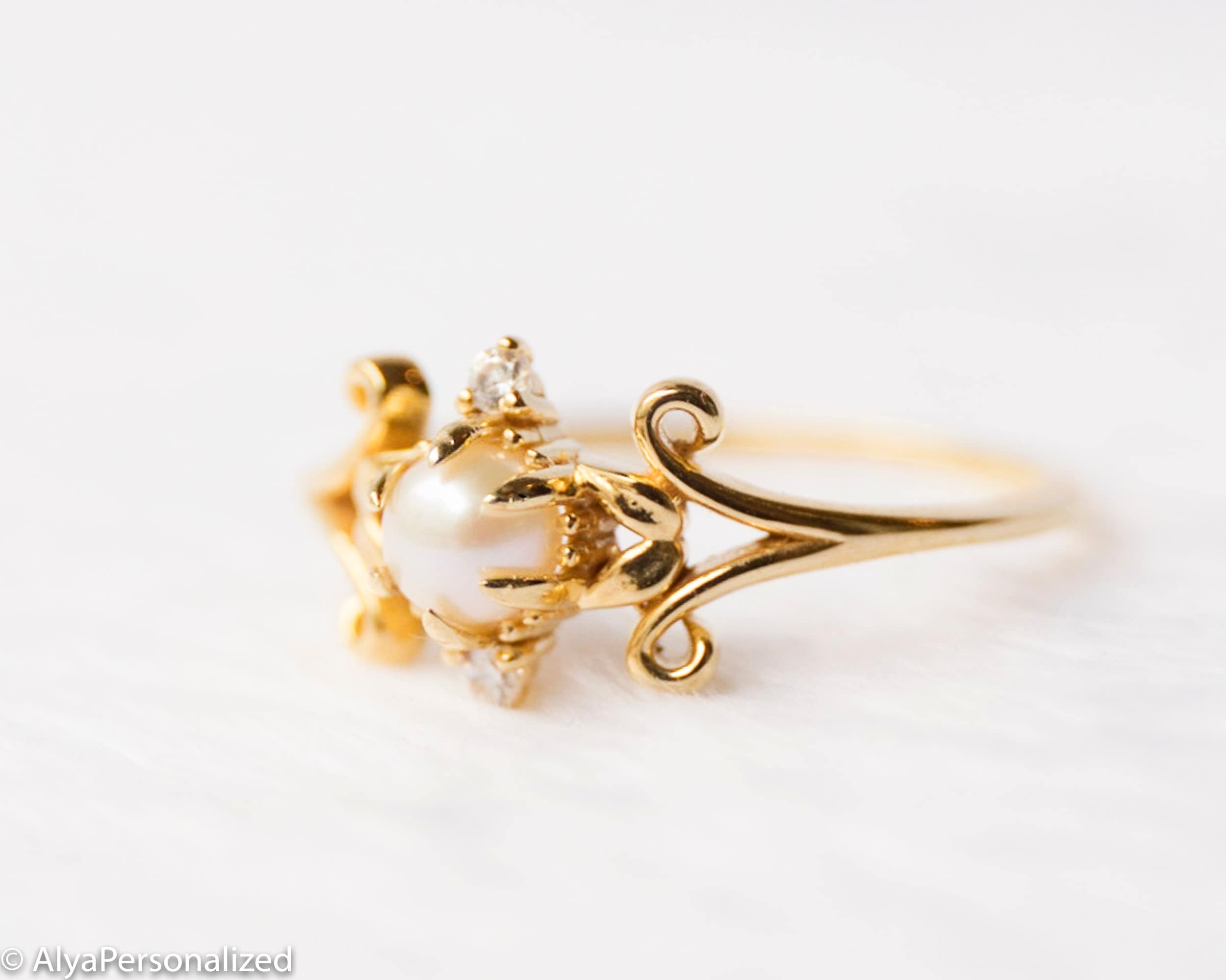14k Gold Unique Engagement Ring, Vintage Engagement Ring, Pearl Diamond ...