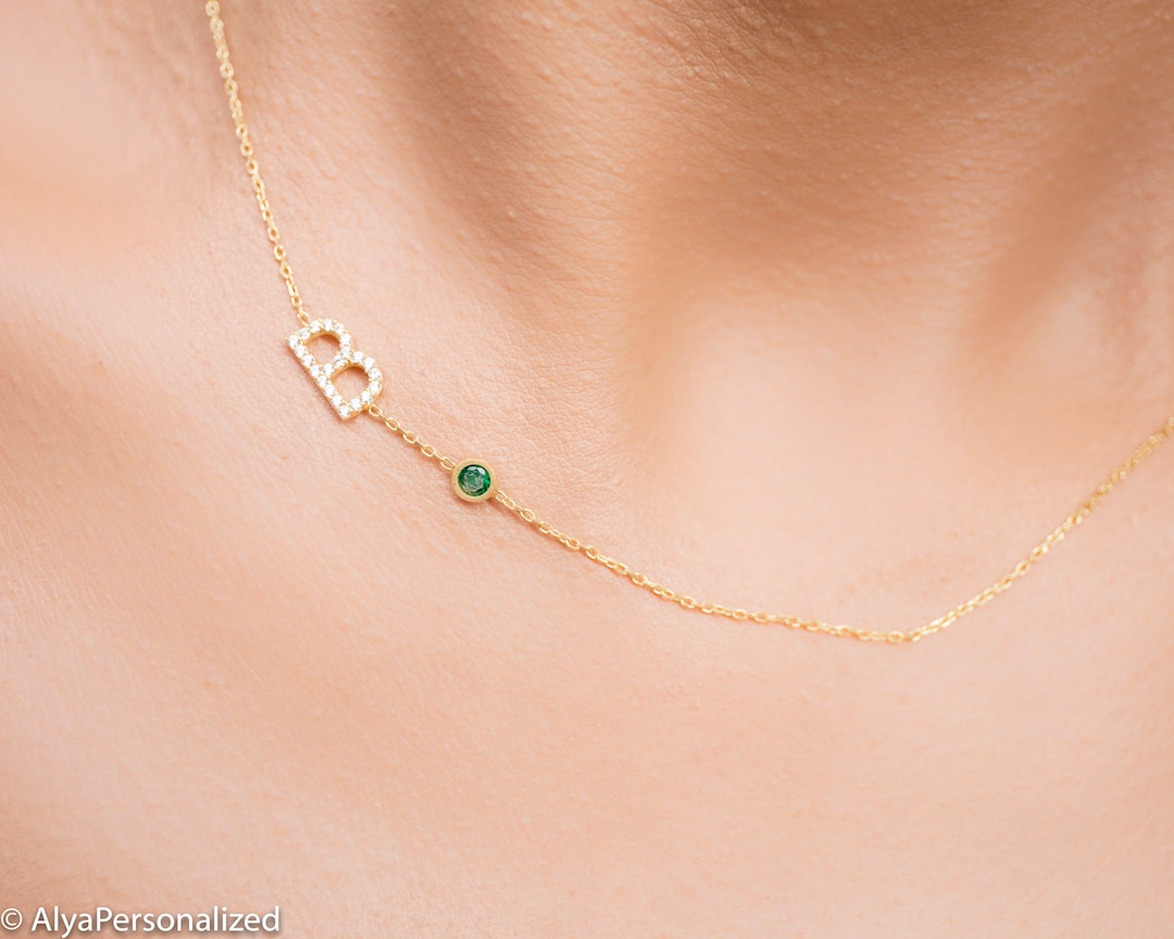 Gold Jewelry, Sideways Initial Necklace With Birthstone Necklace ...