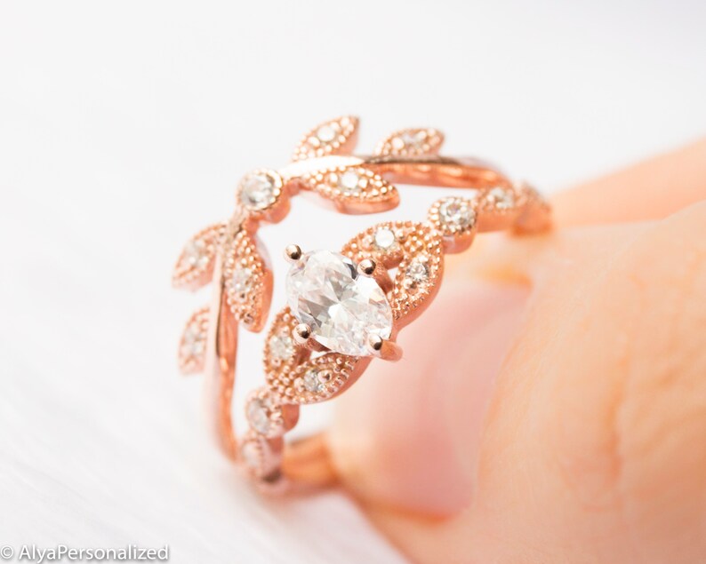 Moissanite Engagement Ring Set 14K Rose Gold Ring Oval - Etsy
