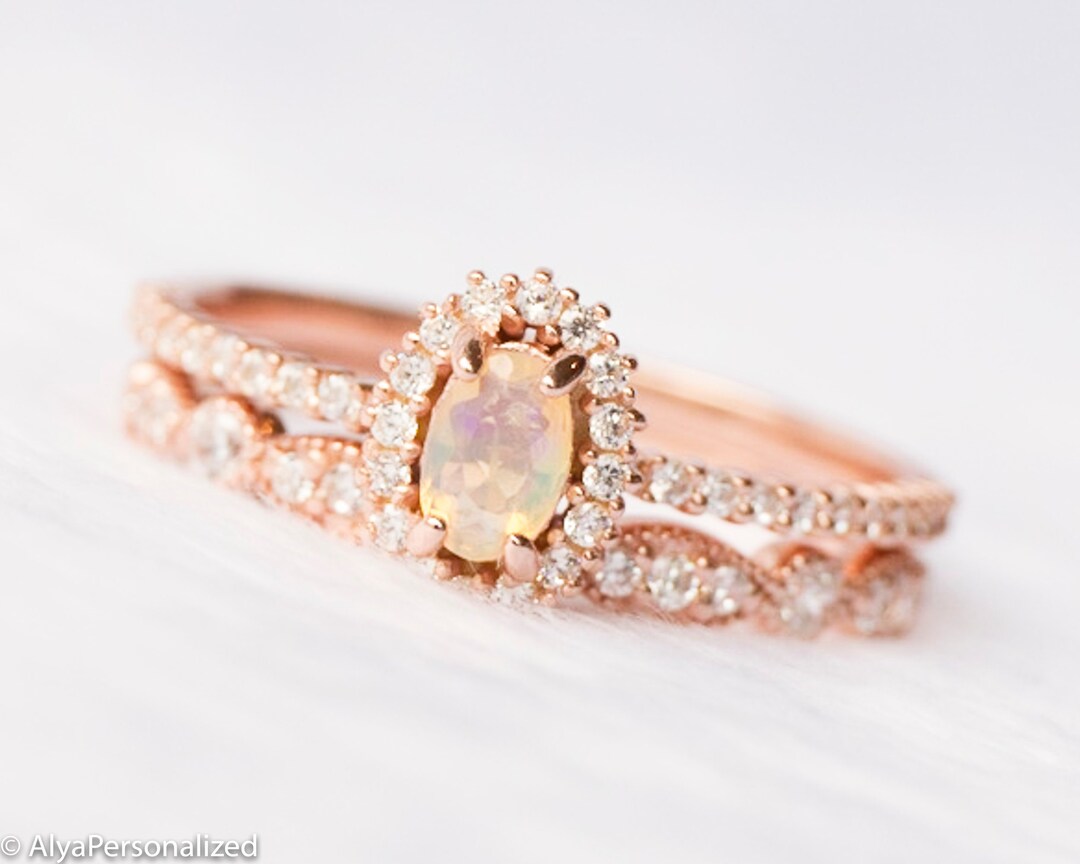 14K Rose Gold Fire Opal Engagement Ring Set, Art Deco Antique Diamond ...