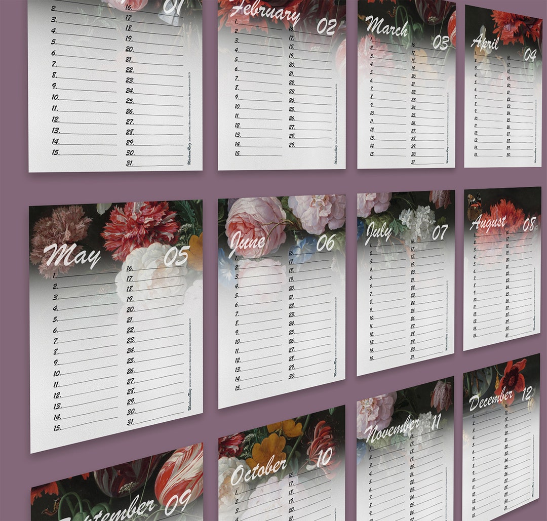 Flowers Perpetual Calendar PRINTABLE US LETTER, Still Life With Flowers ...