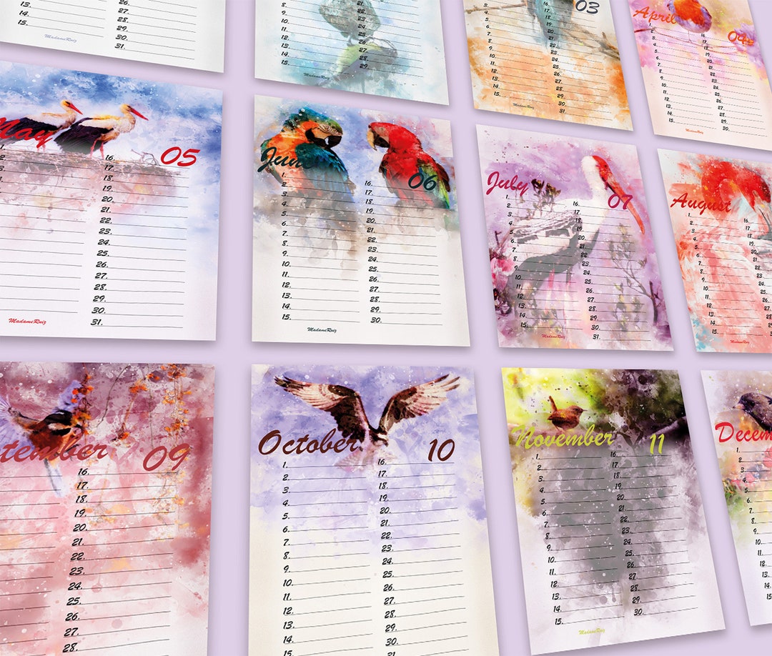 Birds Birthday Calendar PRINTABLE A3 A4 A5, Perpetual Calendar ...