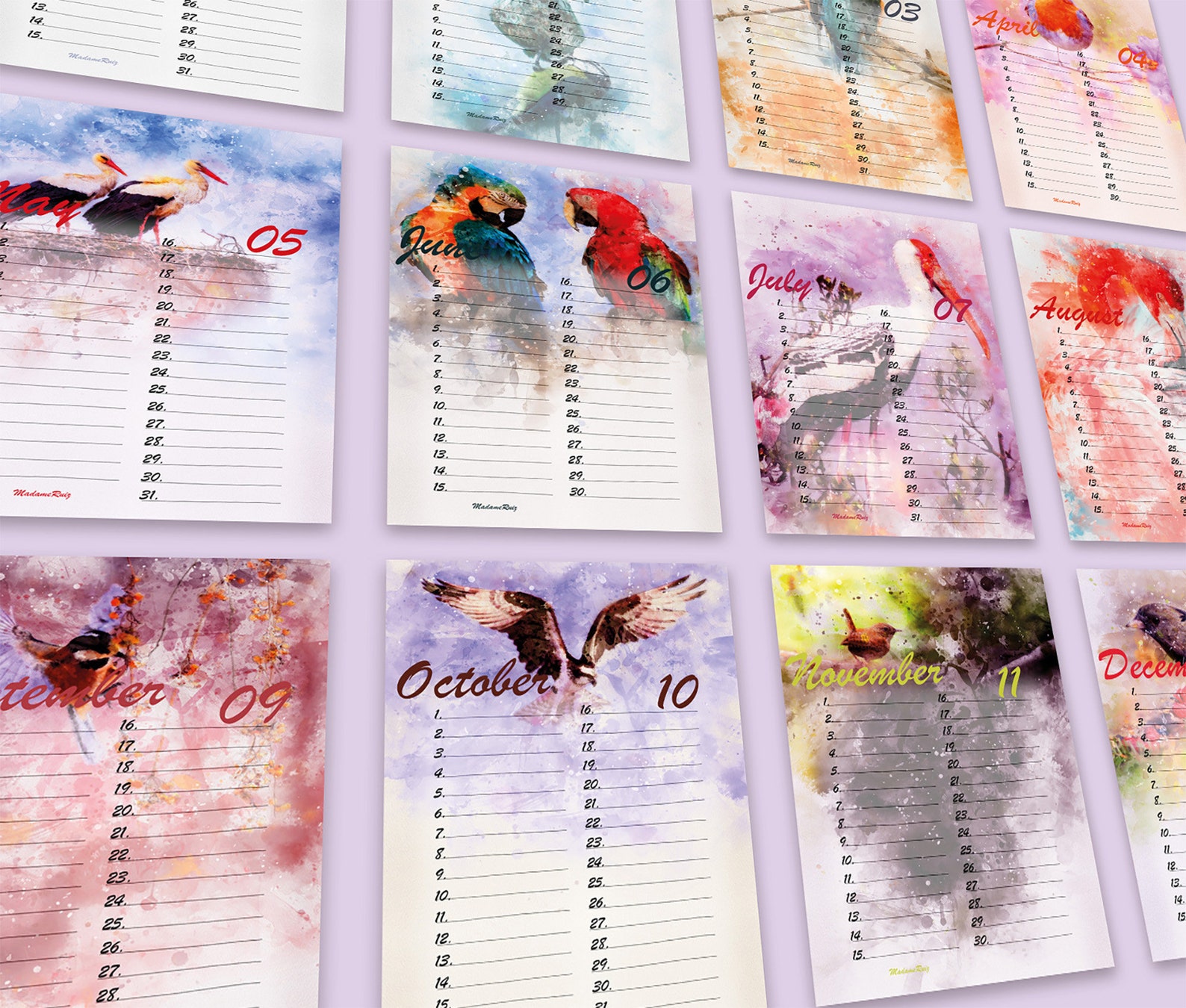 Birds Birthday Calendar PRINTABLE US LETTER, Perpetual Calendar ...