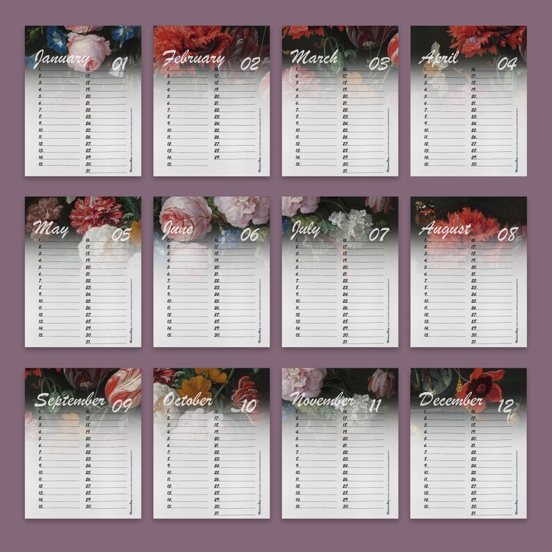 Flowers Perpetual Calendar PRINTABLE US LETTER, Still Life With Flowers ...