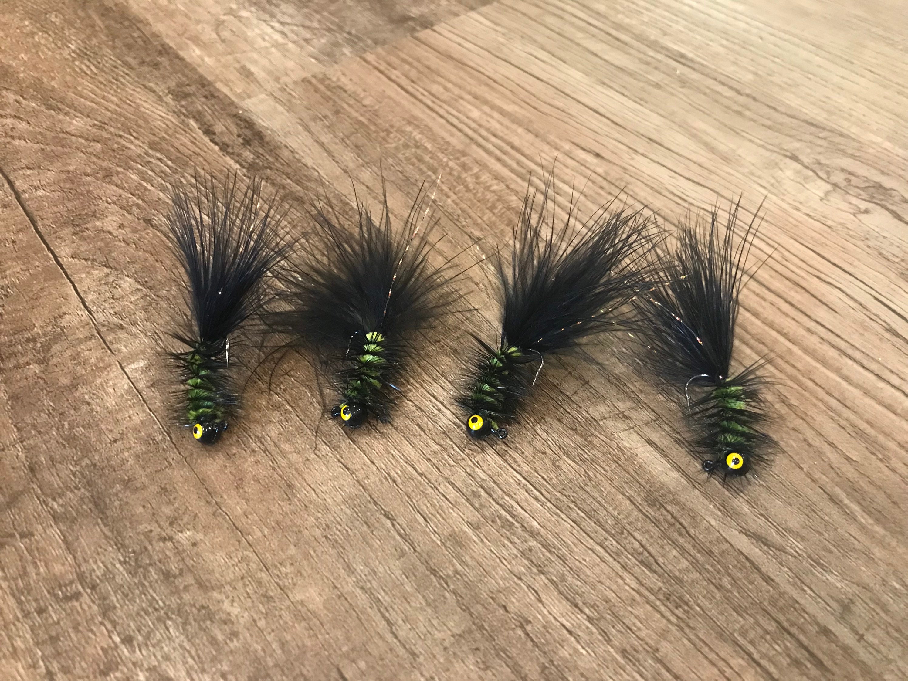 Marabou Jigs, Black and Olive Fuzzy Buggers (3), Walleye, Crappie ...