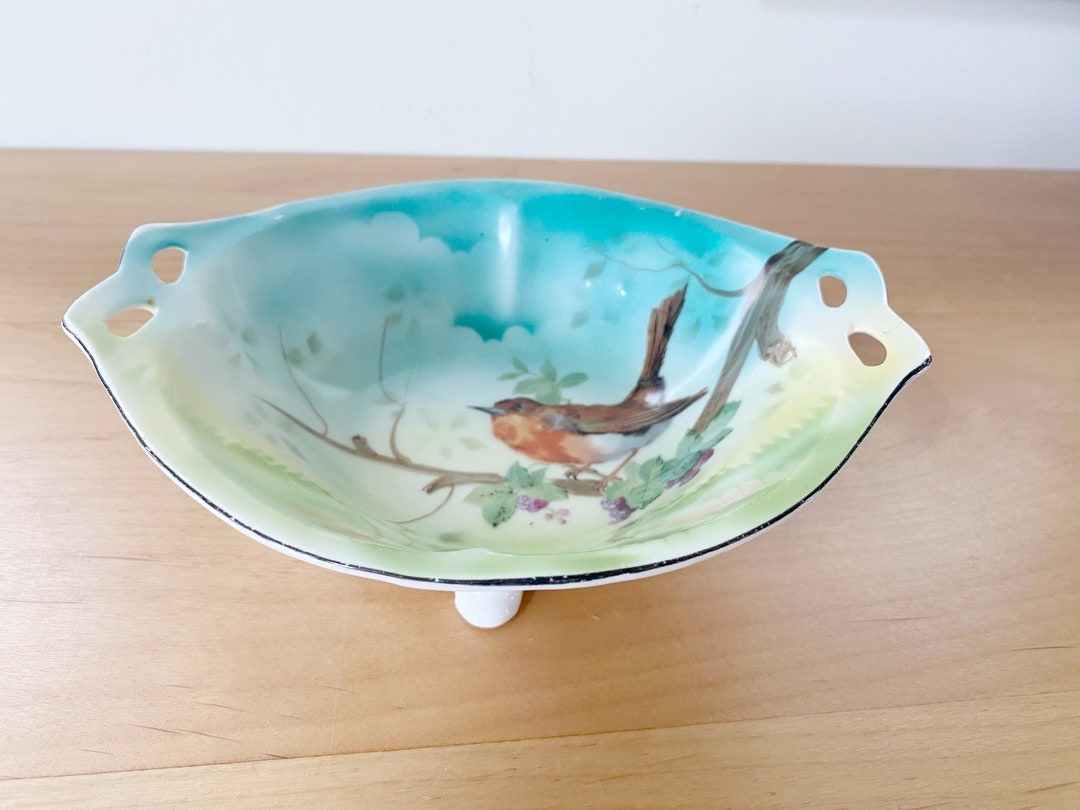 Antique Hand Painted Footed Dish With Robin, Prov Saxe Erdmann ...