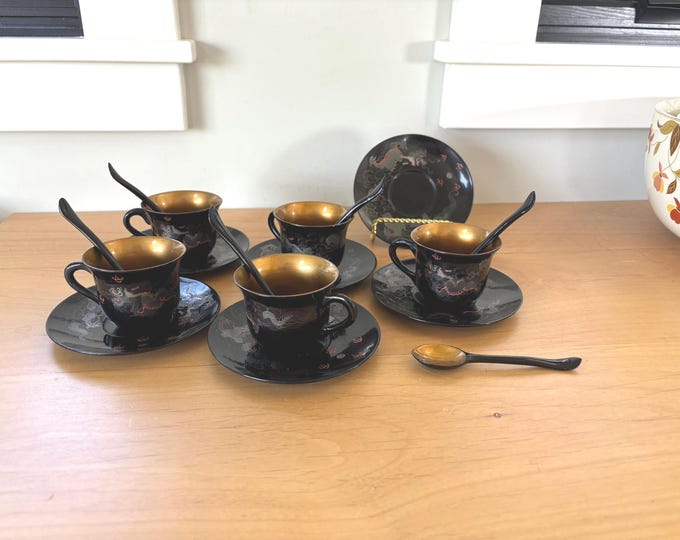 Vintage Chinese Lacquerware Tea Cups and Saucers With Spoons, Foochow ...