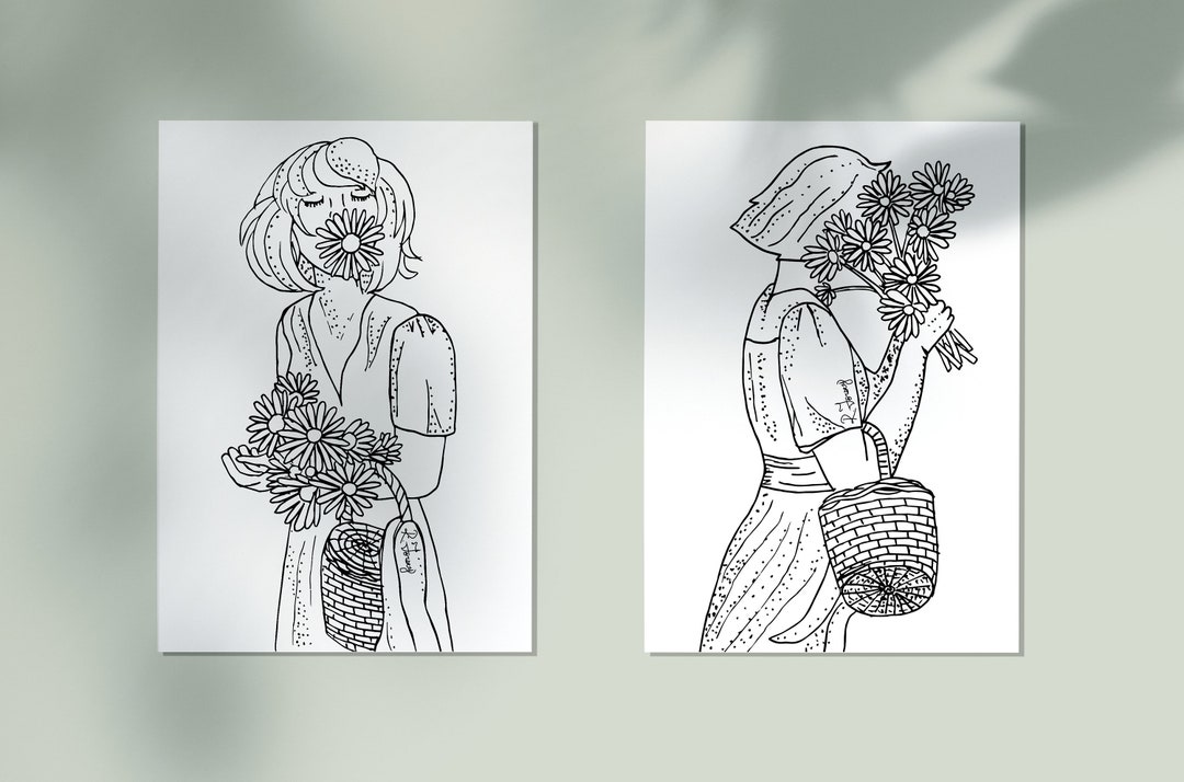 Flower Girl Ink Drawing - Set of 2 - Digital Art Print - Etsy