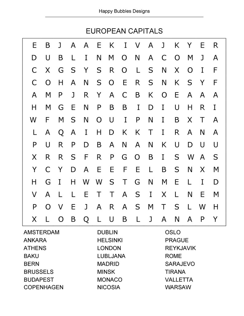 European Capitals Word Search Puzzle in Large Print - Etsy