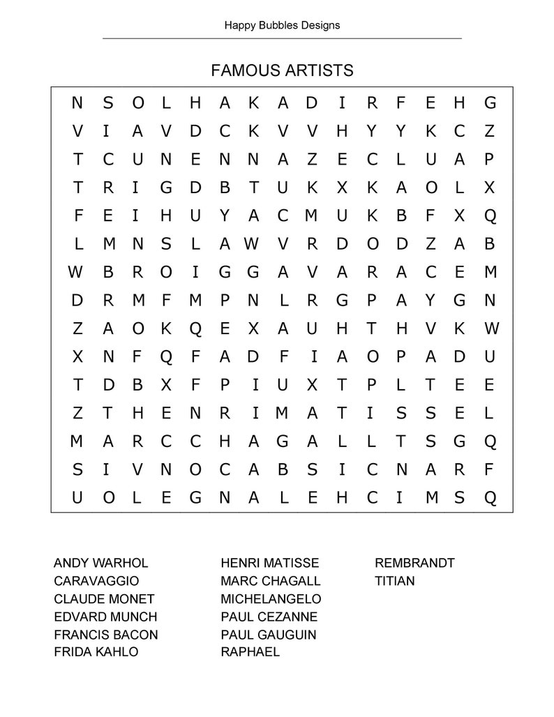 Sopa de letras de artistas famosos en letra grande - Etsy México