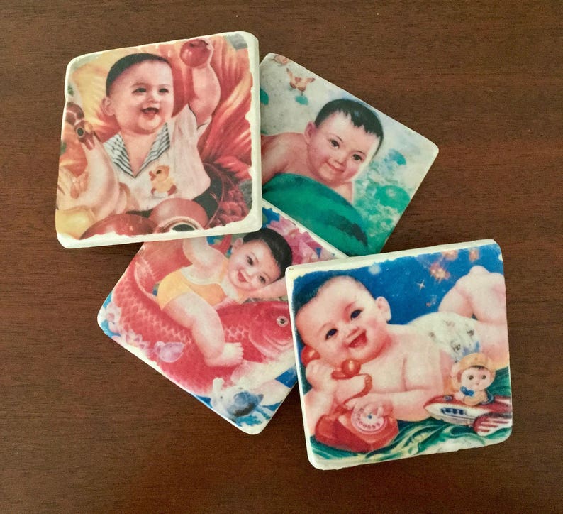 Kitschy Colorful Coaster Set Chinese Babies From Vintage - Etsy