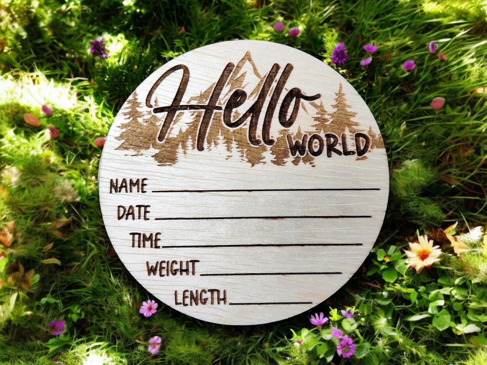 Hello World Baby Mountains and Trees Wood Welcome Sign, Forest Birth ...