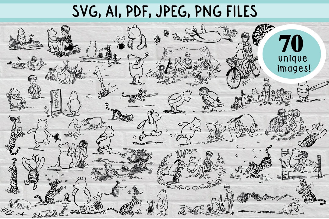 Classic Winnie The Pooh Digital File Bundle 70 Unique Vintage Clipart Images Svg Png