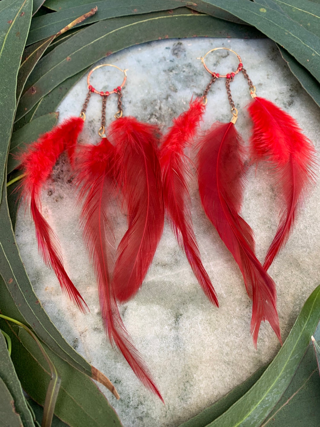 Rooster Tail Long Red Dangle Hoop Earrings - Etsy