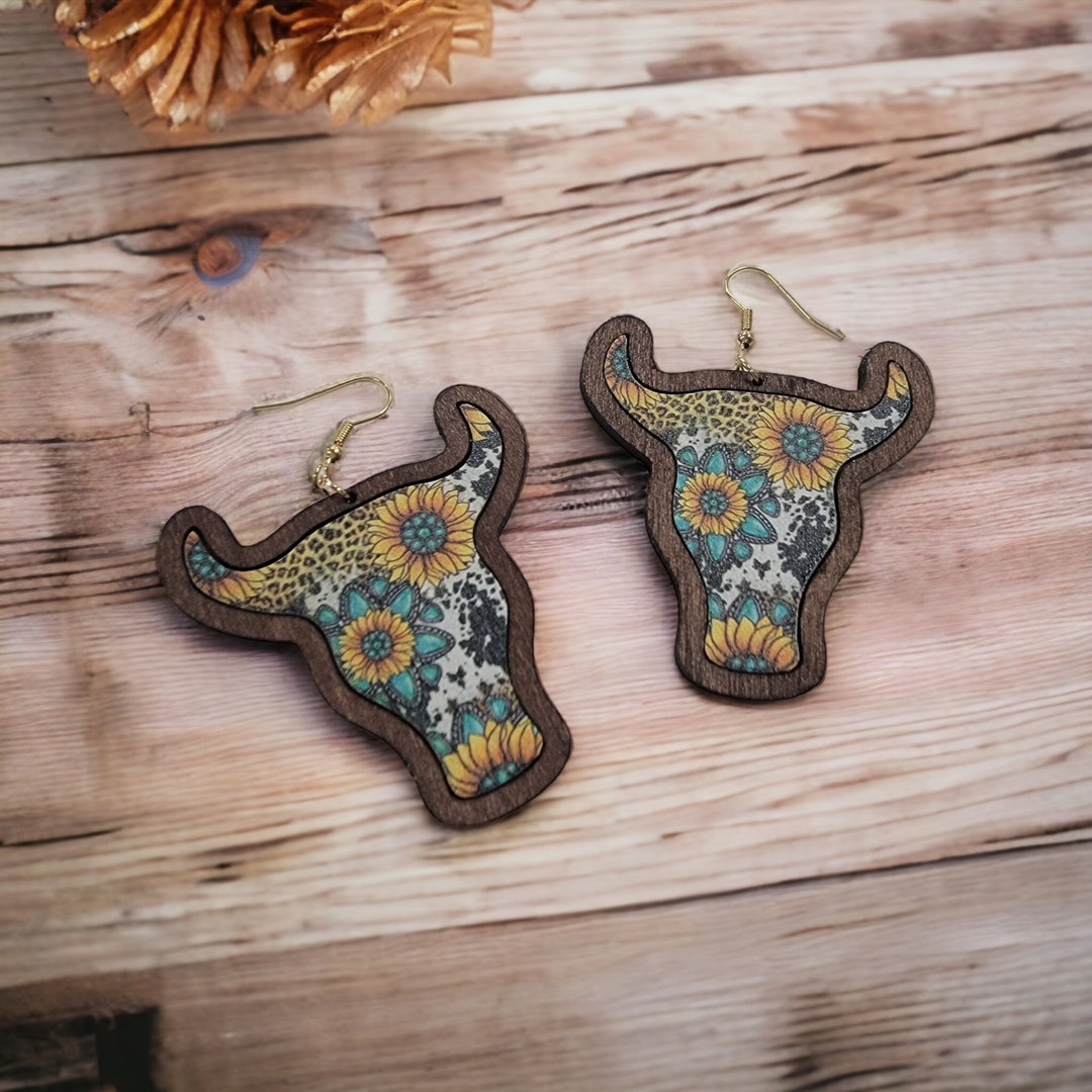 Quirky and Eye-catching Cow Head Wood Cut Earrings Uniquely Handcrafted ...