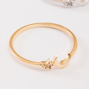 Diamond Crescent Moon Star Ring, 14K 18K Solid Gold Dainty Moon Star ...