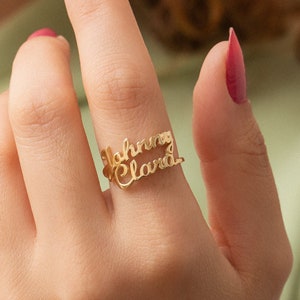 14K 18K Solid Gold Duo Name Ring, Custom One - Two or Three Names Ring ...