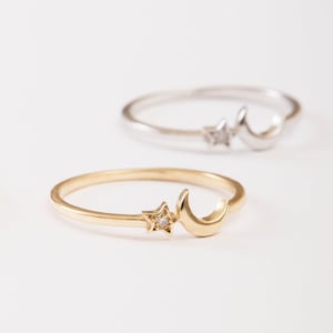 Diamond Crescent Moon Star Ring, 14K 18K Solid Gold Dainty Moon Star ...