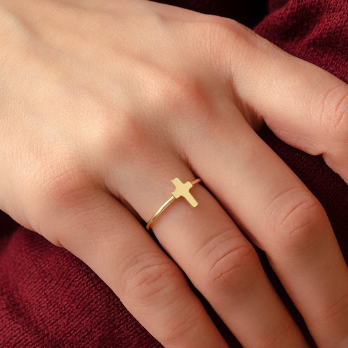 14K Solid Gold Tiny Cross Ring 18K Solid Gold Dainty and Cute - Etsy