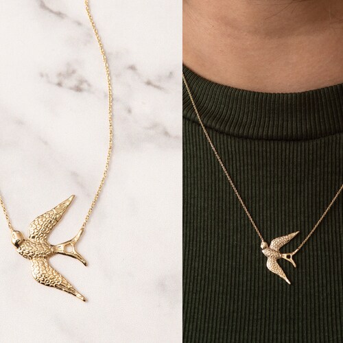 Sparrow Bird 14K Solid Gold Charm Pendant Necklace dainty - Etsy