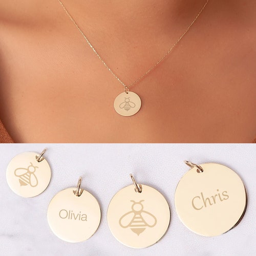 14K Solid Gold Necklace Disc Charm | Etsy