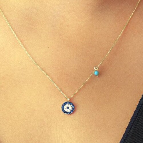 14k Gold Blue Evil Eye Chain Bracelet With Heart Charm Dainty - Etsy