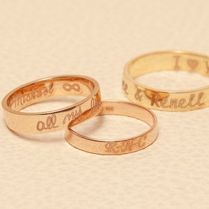14k 18k Solid Gold Handwriting Ring, Engrave Name Coordinate Gold 3 Mm ...
