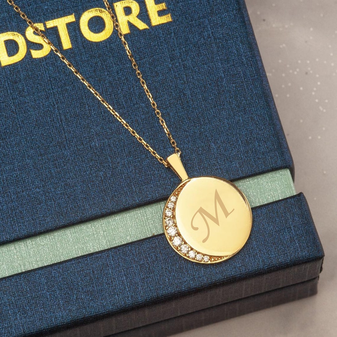 14K 18K Solid Gold Crescent Moon and Engraved Name Medallion Necklace ...