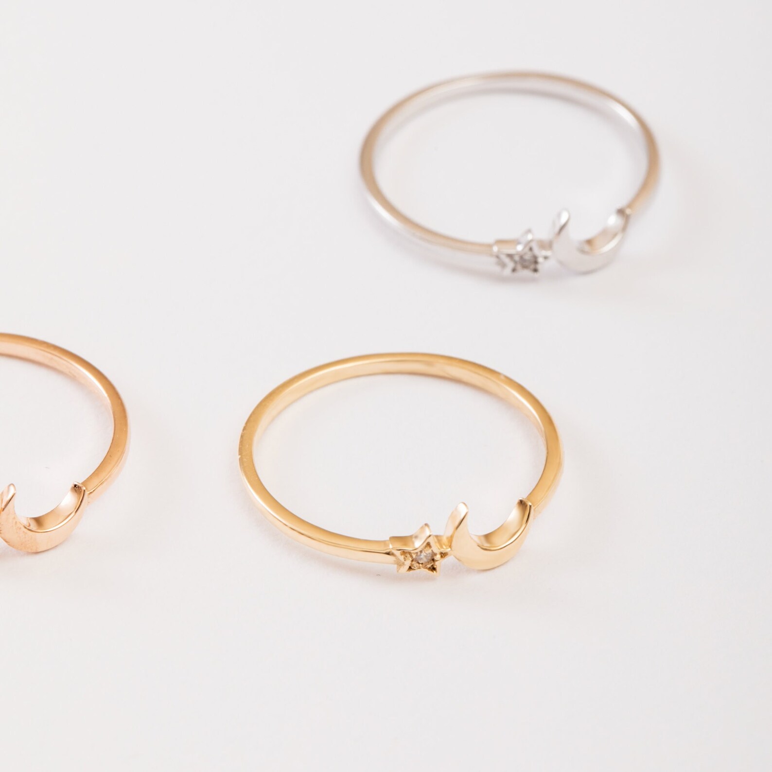 Diamond Crescent Moon Star Ring, 14K 18K Solid Gold Dainty Moon Star ...