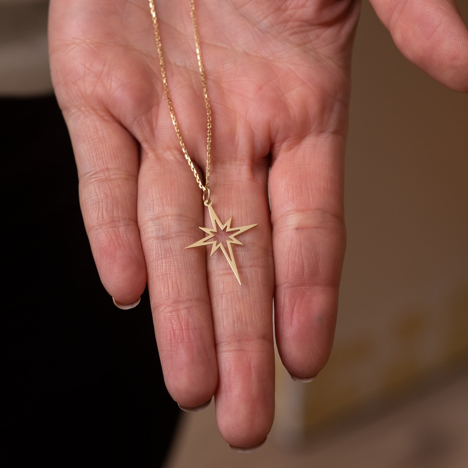14k Solid Gold Northern Star Necklace, North Star Pendant, Dainty Pole ...