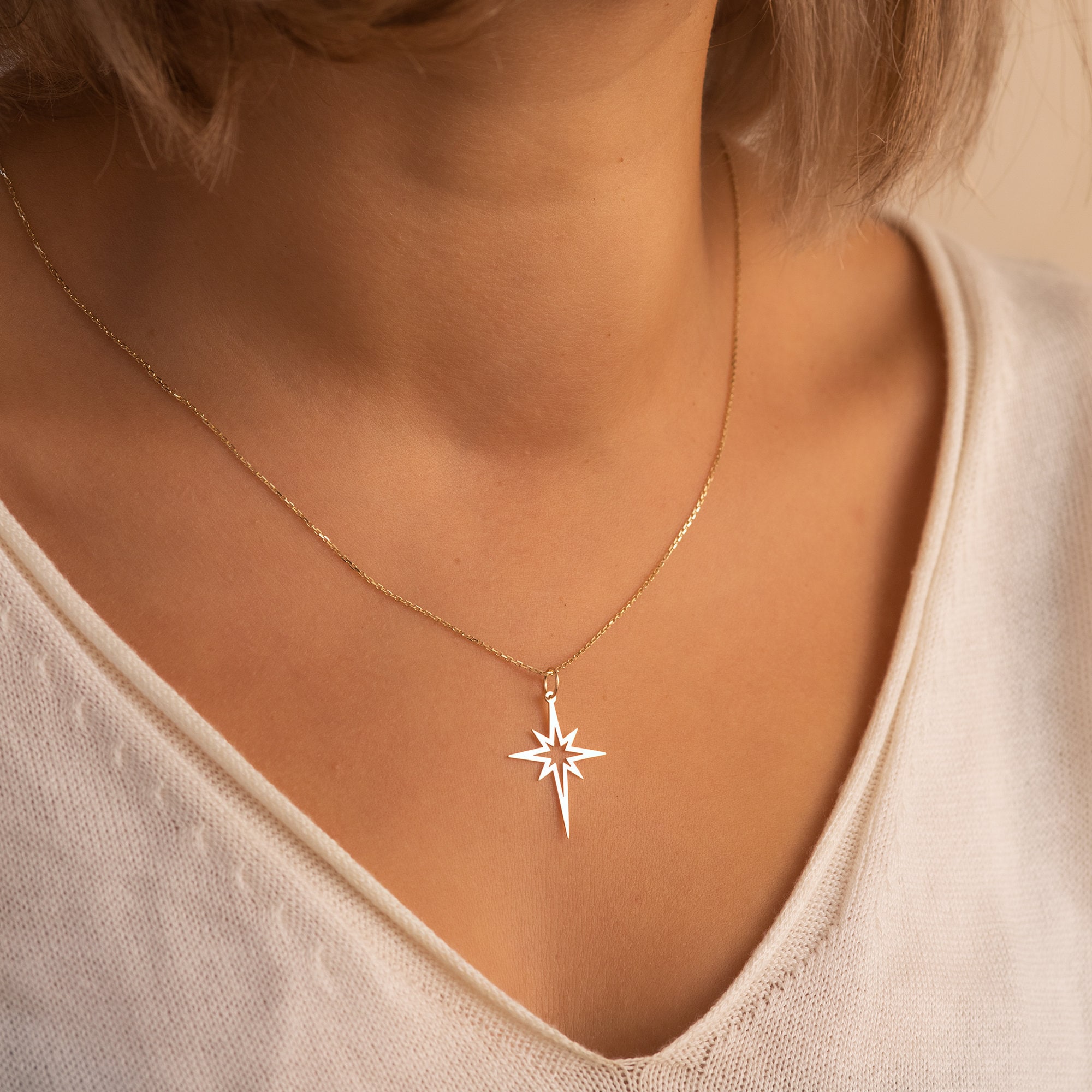 14k Solid Gold Northern Star Necklace, North Star Pendant, Dainty Pole ...