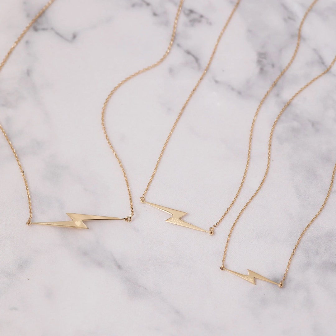 14k Solid Gold Lightning Bolt Necklace, Gold Choker Dainty Sideways ...