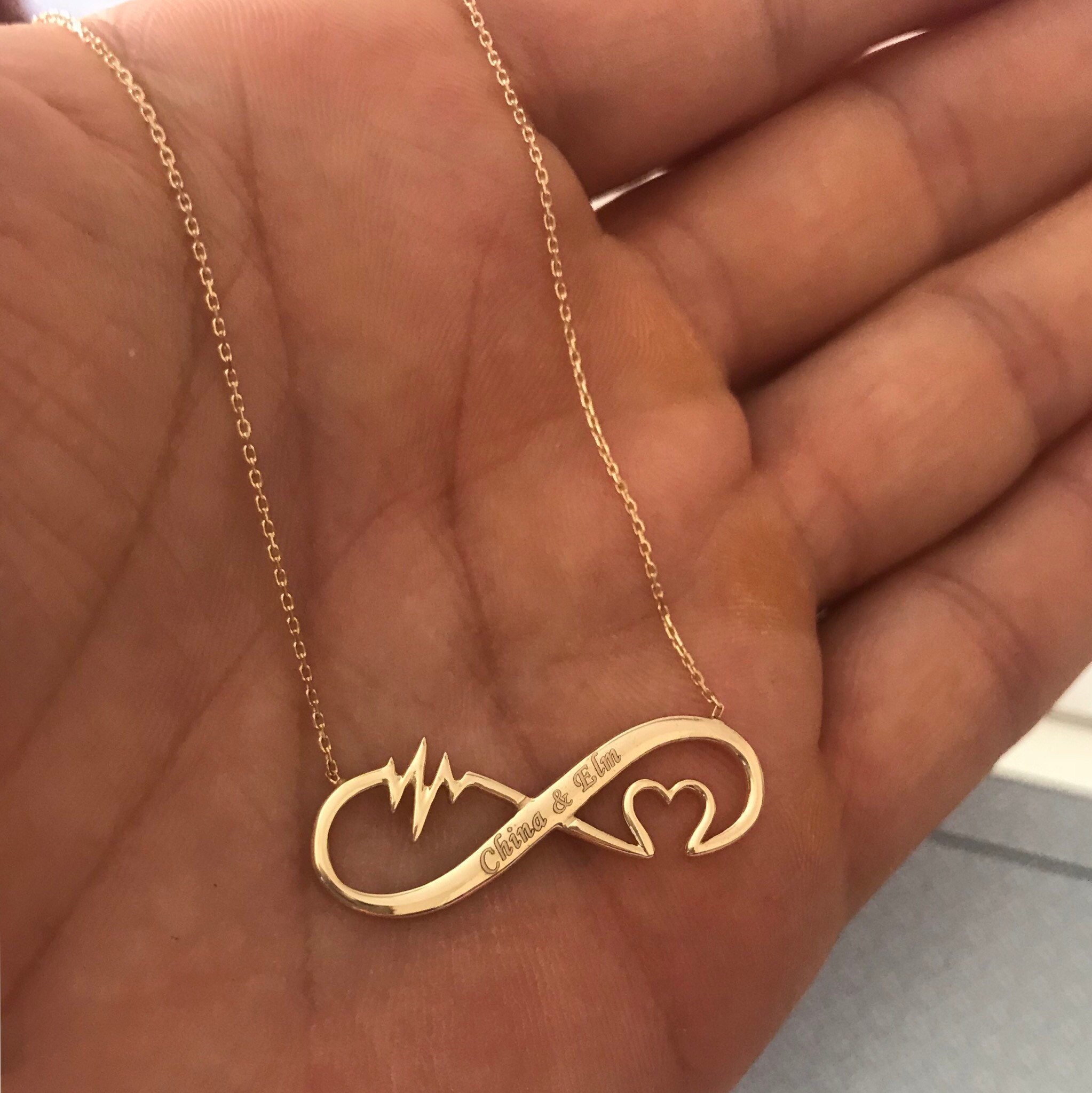 14k Solid Gold Engraved Name Infinity Necklace, Dainty Personalized ...