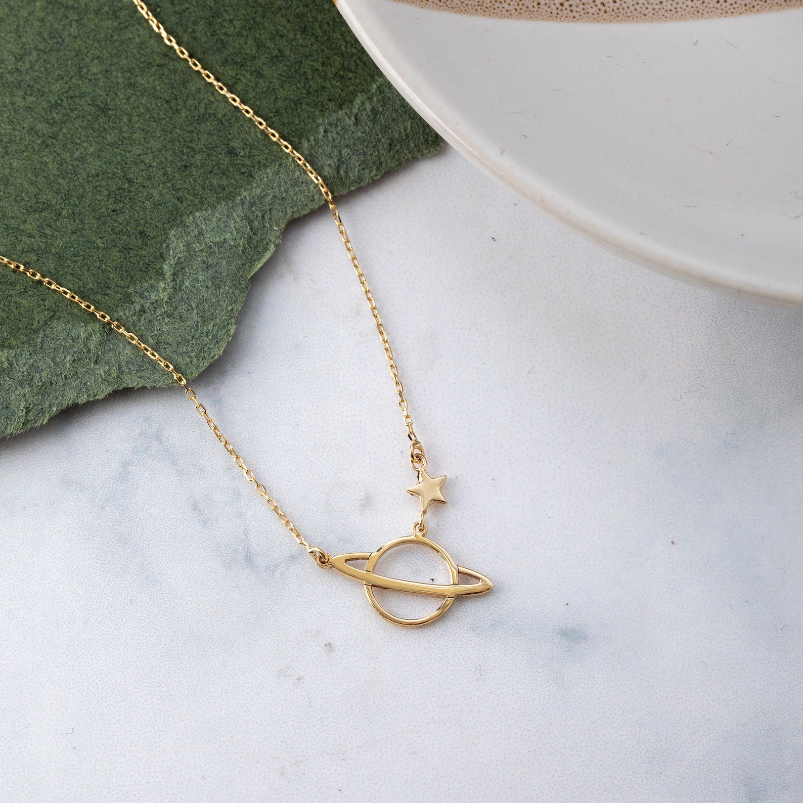 14K 18K Solid Gold Dainty Saturn Necklace, Saturn & Star Gold Necklace ...