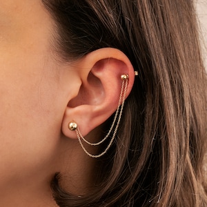 14K Solid Gold Triple Double Chain Earring Jacket, Double Triple Chain ...