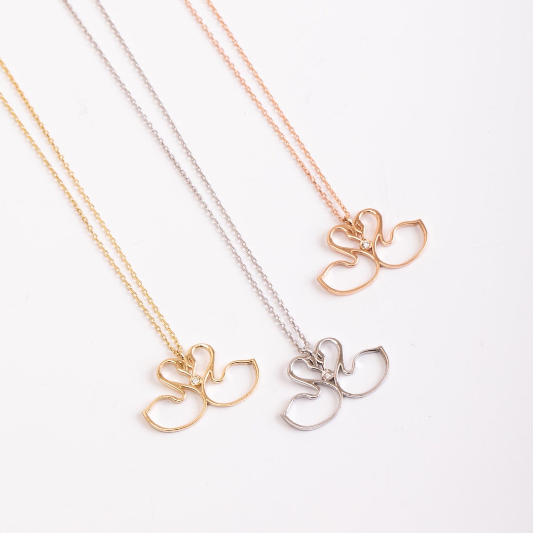 Two Swan Pendant Necklace in 14k 18k Solid Gold, Dainty Swan Diamond ...