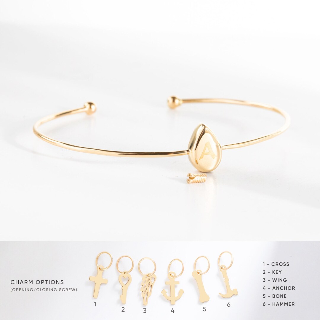 Tear Drop Urn Bangle 14K 18K Solid Gold, Dainty Personalize Letter ...