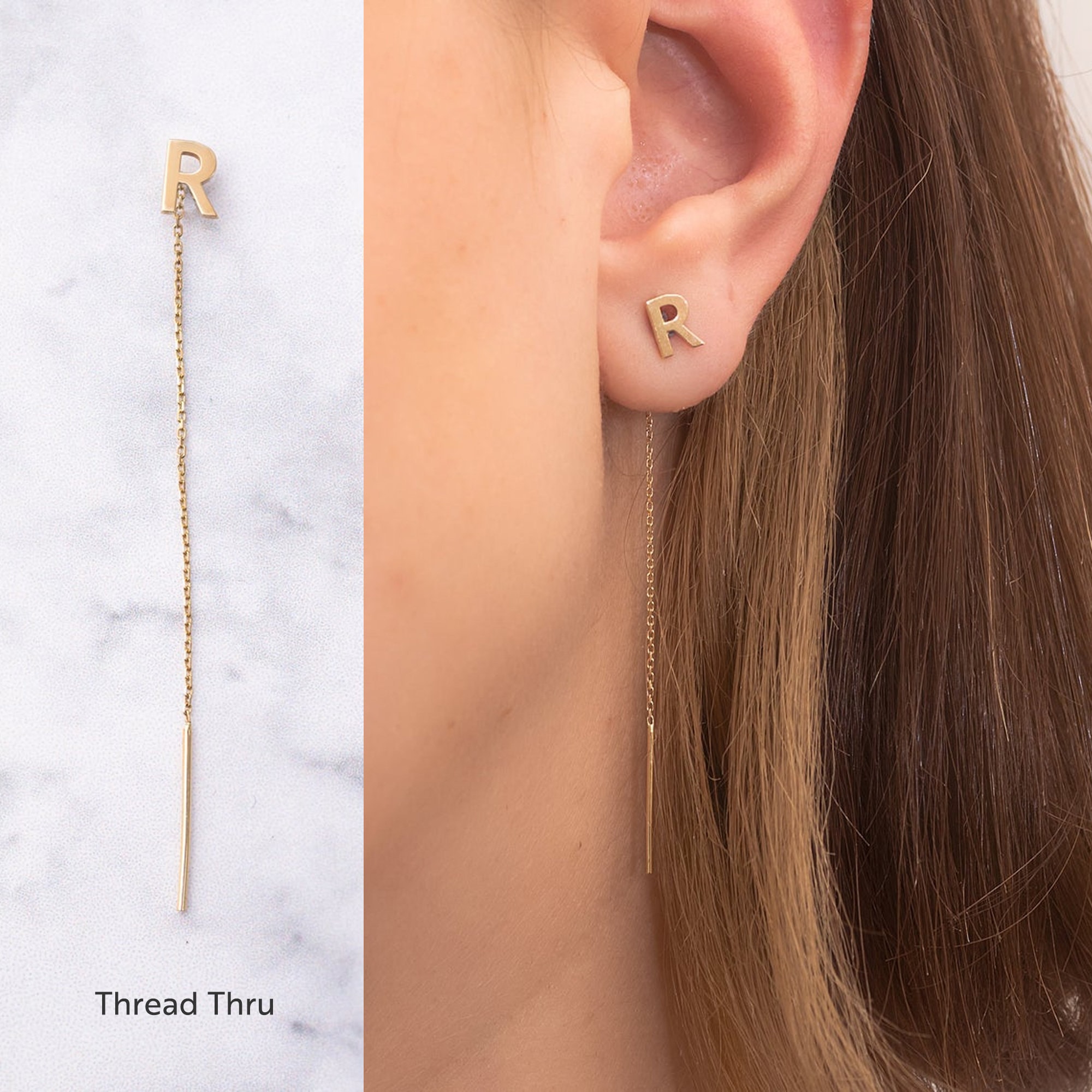14k 18k Gold Charm Threader Earrings Custom Letter Threader - Etsy