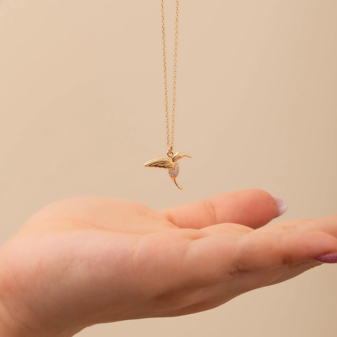 Dainty Solid Gold Pave Cz Hummingbird Pendant Necklace - 14k & 18k Gold ...