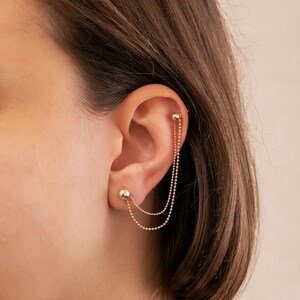 14K Solid Gold Triple Double Chain Earring Jacket, Double Triple Chain ...