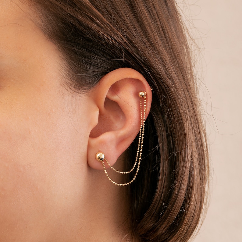 14K Solid Gold Triple Double Chain Earring Jacket, Double Triple Chain ...