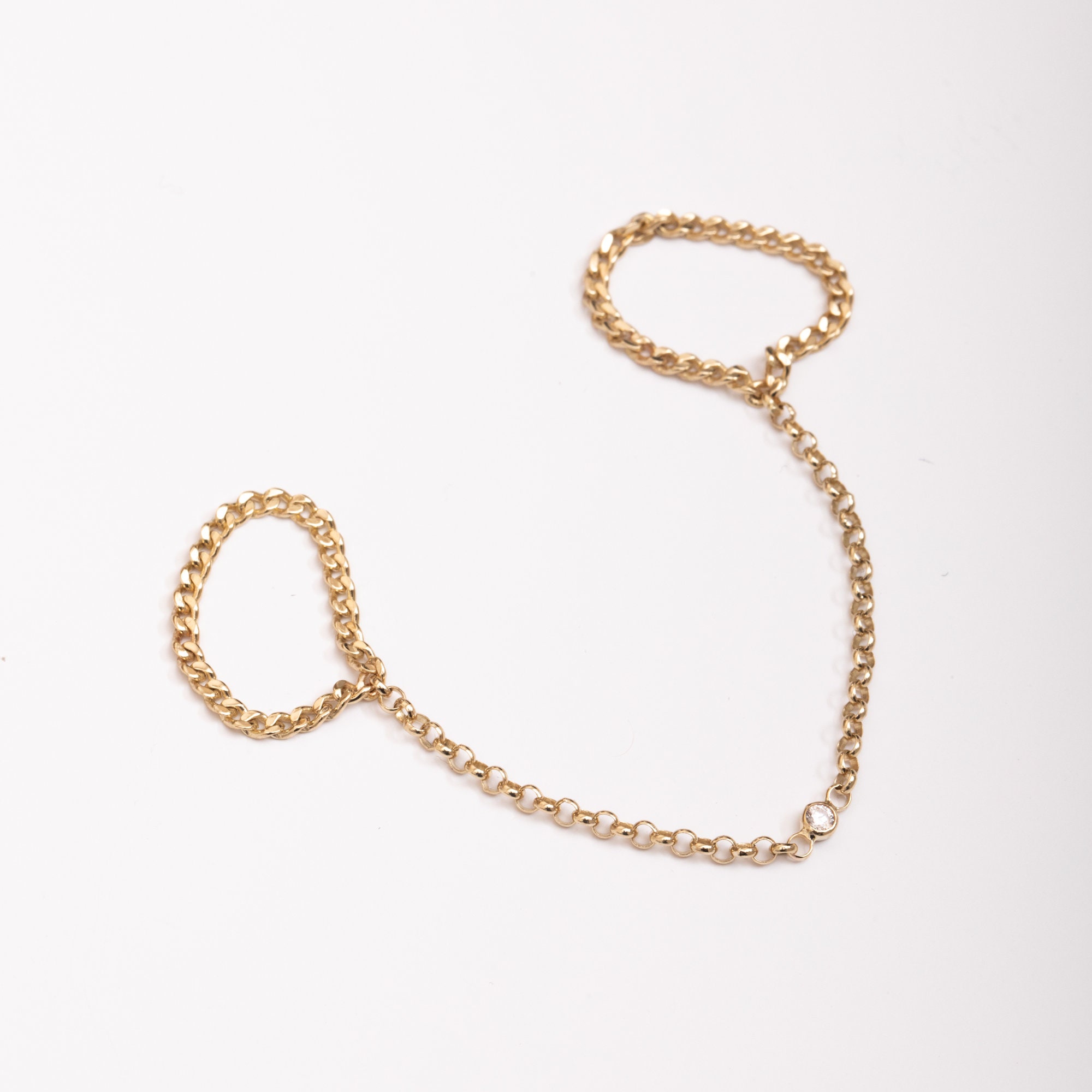 Double Finger Ring, 14K Solid Gold Cuban&rolo Chain Link Ring, Body ...