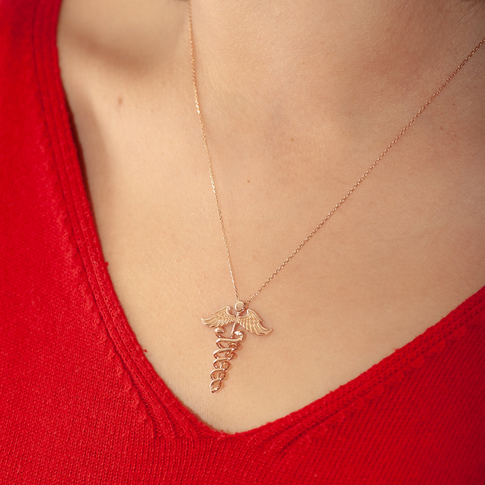 14K 18K Solid Gold Caduceus Necklace, Caduceus Symbol of Medicine Charm ...