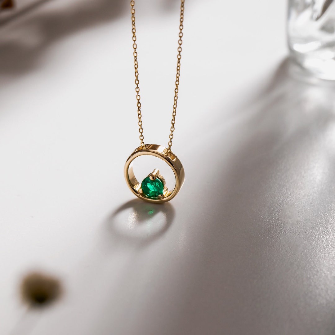 14K 18K Solid Gold Round Cut Genuine Emerald Necklace, Bezel Dainty ...