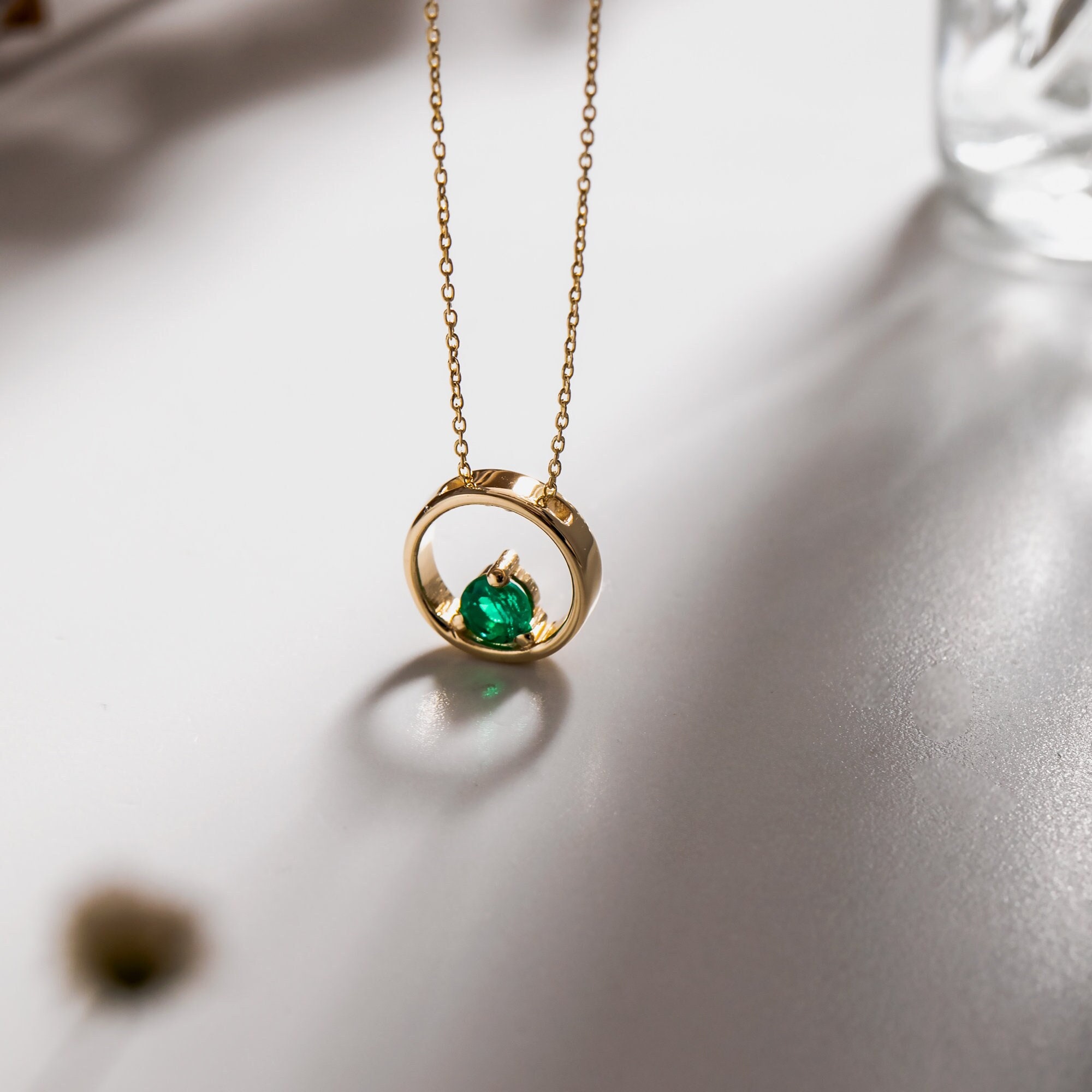 14K 18K Solid Gold Round Cut Genuine Emerald Necklace Bezel - Etsy