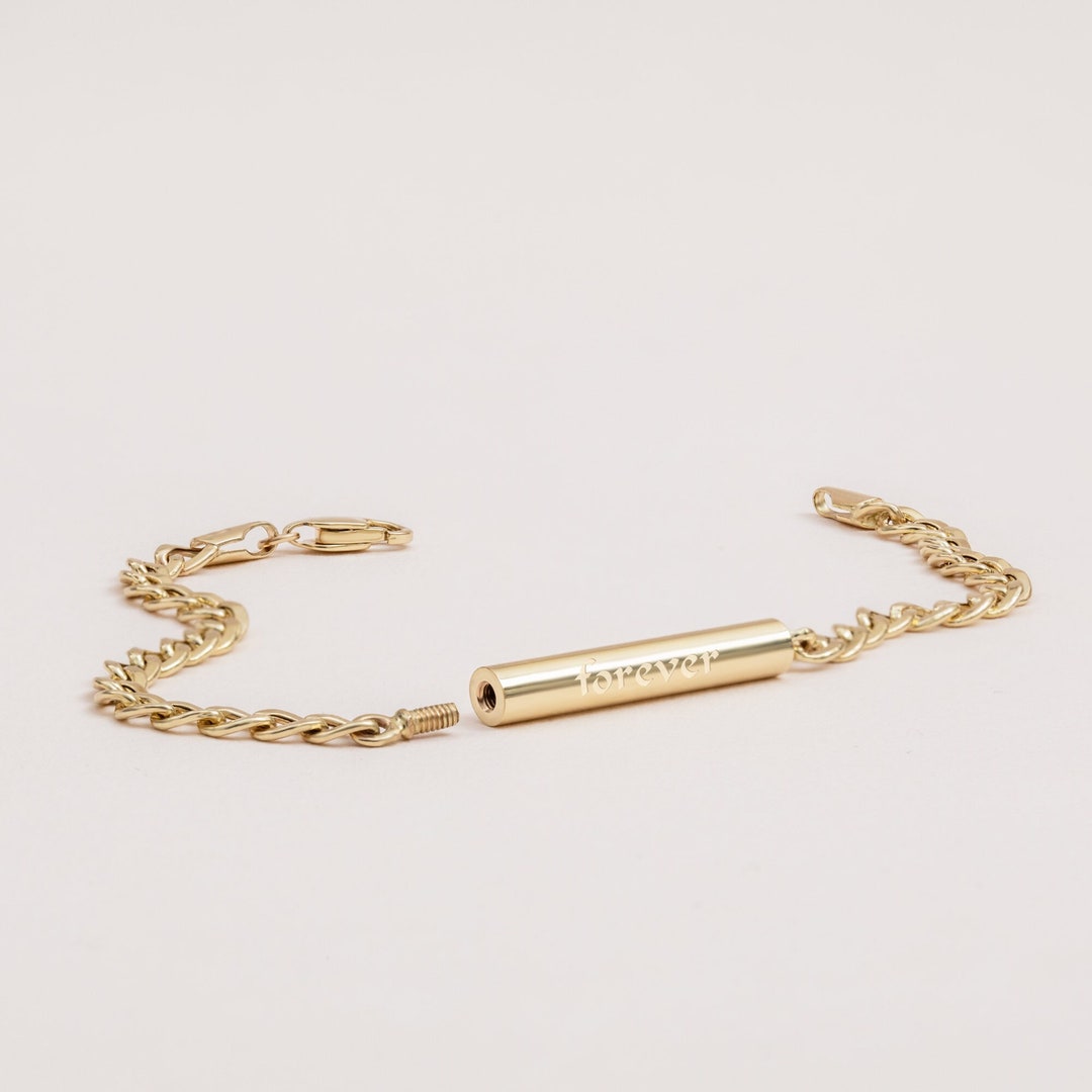 14K Real Gold Cuban Chain Urn Bracelet, Custom Engraved Cylinder ...