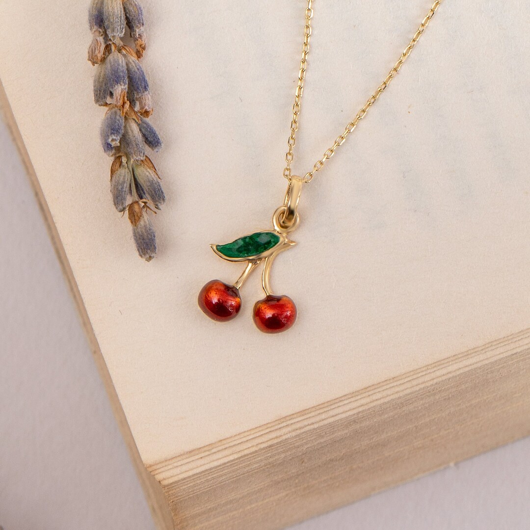 14K Solid Gold Cherry Necklace Dainty Red Cherries Pendant - Etsy