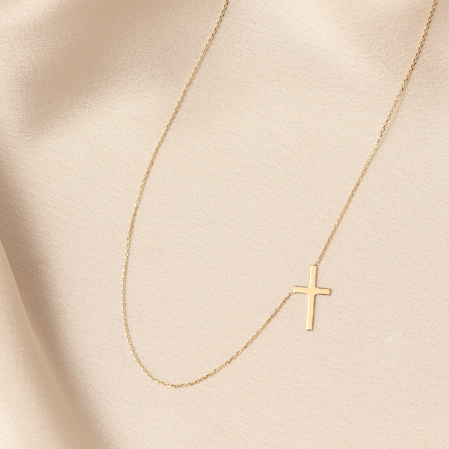 14k 18k Gold Sideways Cross Necklace, Solid Plain Gold Side Cross ...