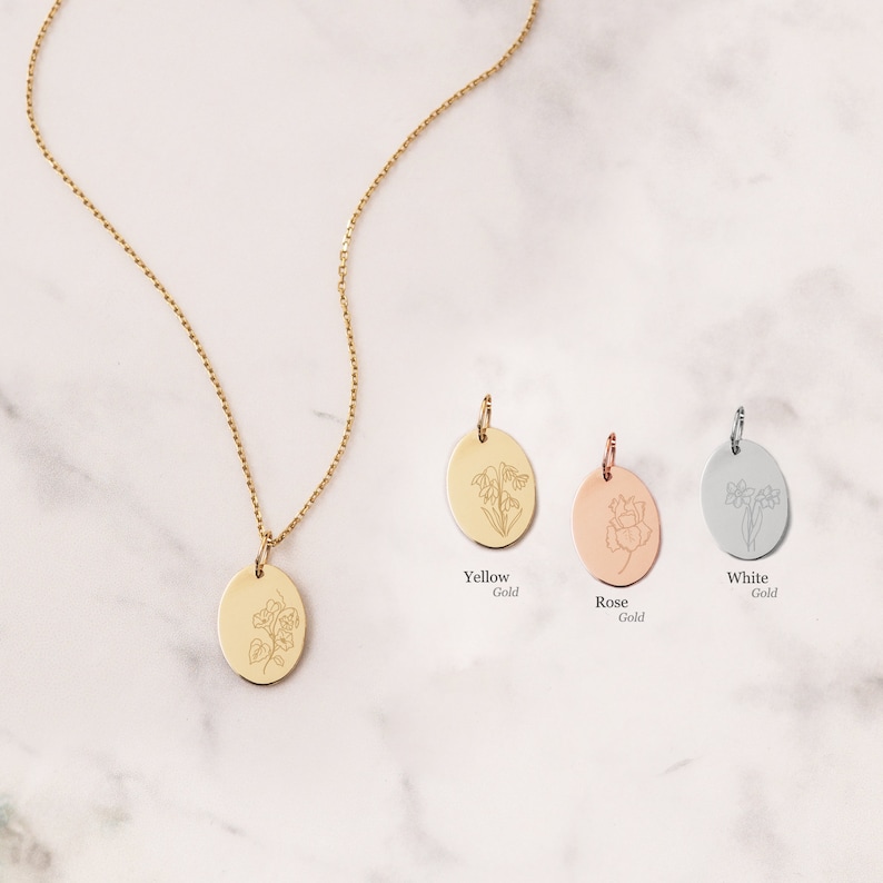 14K Solid Gold Personalized Birth Flower Pendant Necklace | Etsy