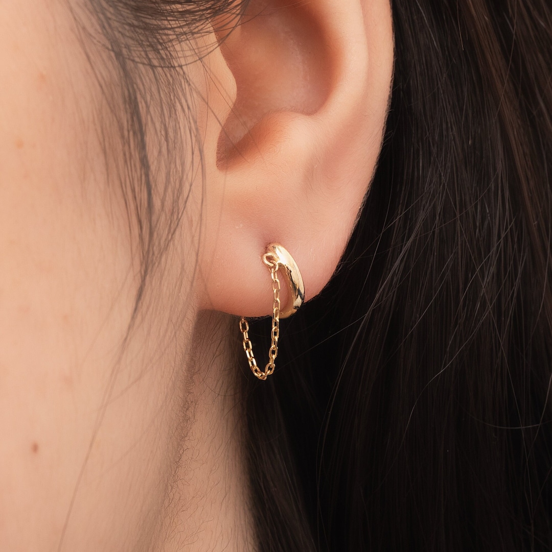 Single Small Chain Hoop Earring in 14k 18k Solid Gold Rose White ...